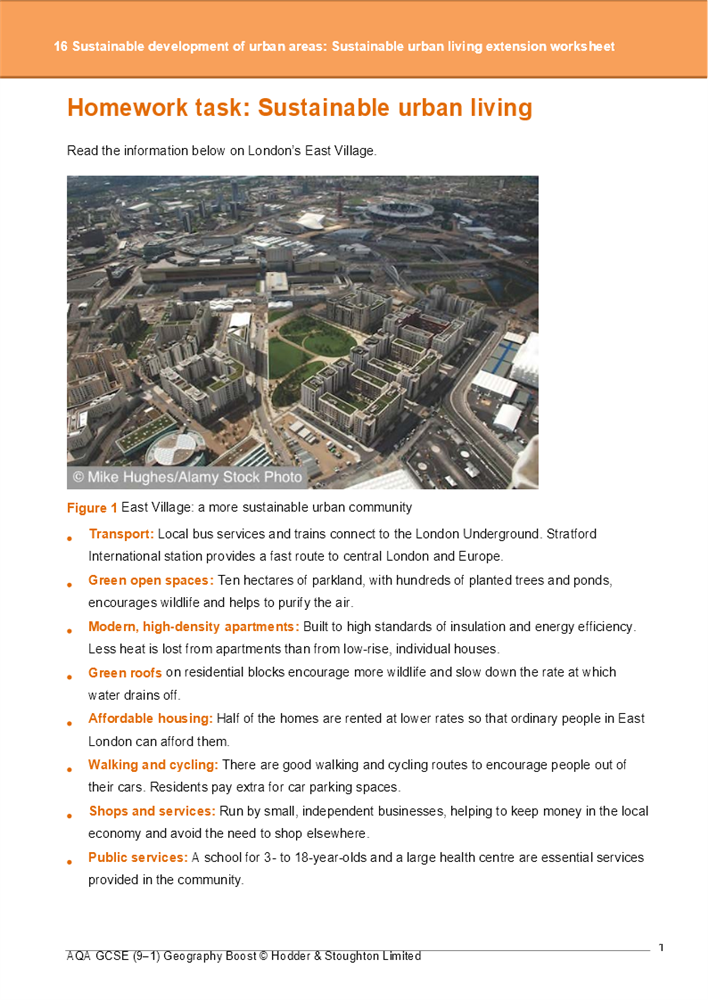 16: Sustainable urban living extension worksheet | Boost