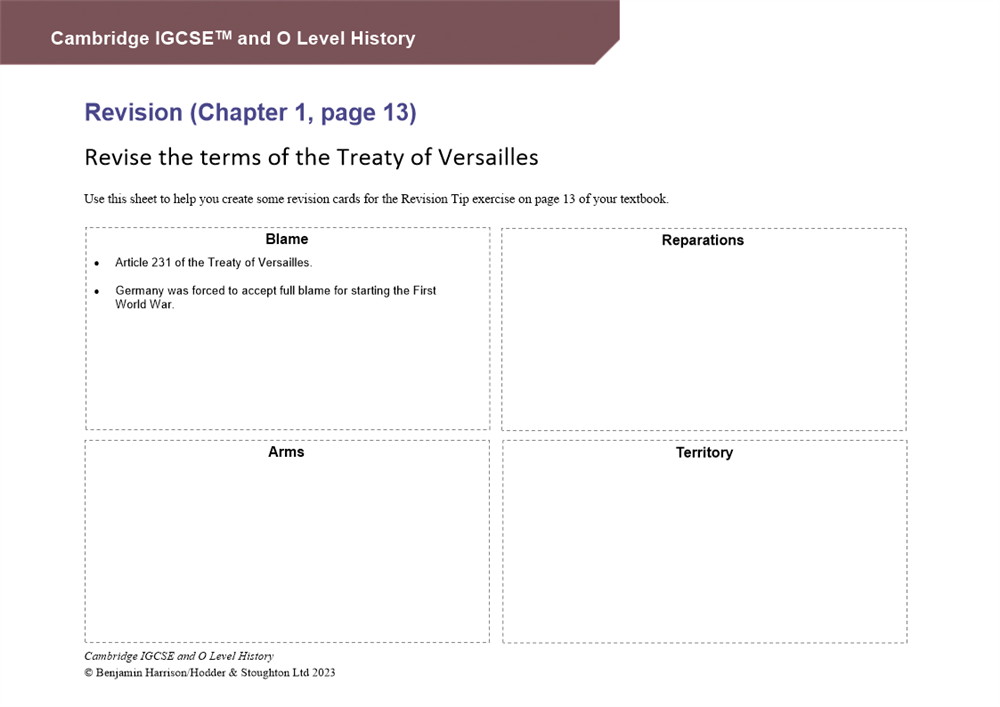 Worksheet: Revision: Revise the terms of the Treaty of Versailles | Boost